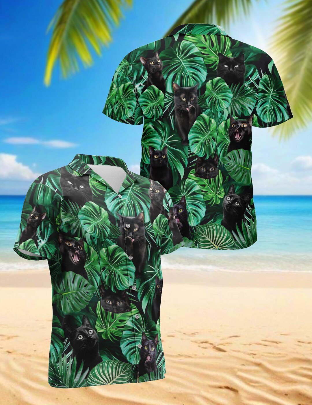 Black Cat Hawaiian Shirt, Cute Cat Aloha Shirt, Funny Cat Button Down ...