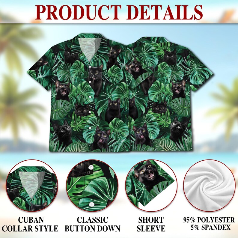 Black Cat Hawaiian Shirt, Cute Cat Aloha Shirt, Funny Cat Button Down ...