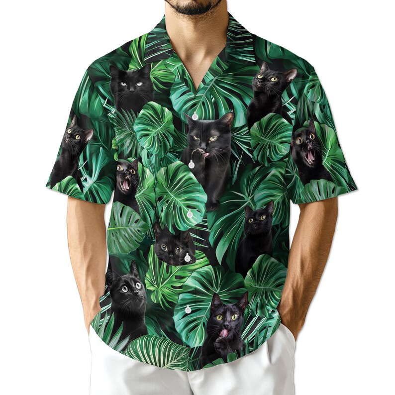 Black Cat Hawaiian Shirt, Cute Cat Aloha Shirt, Funny Cat Button Down ...