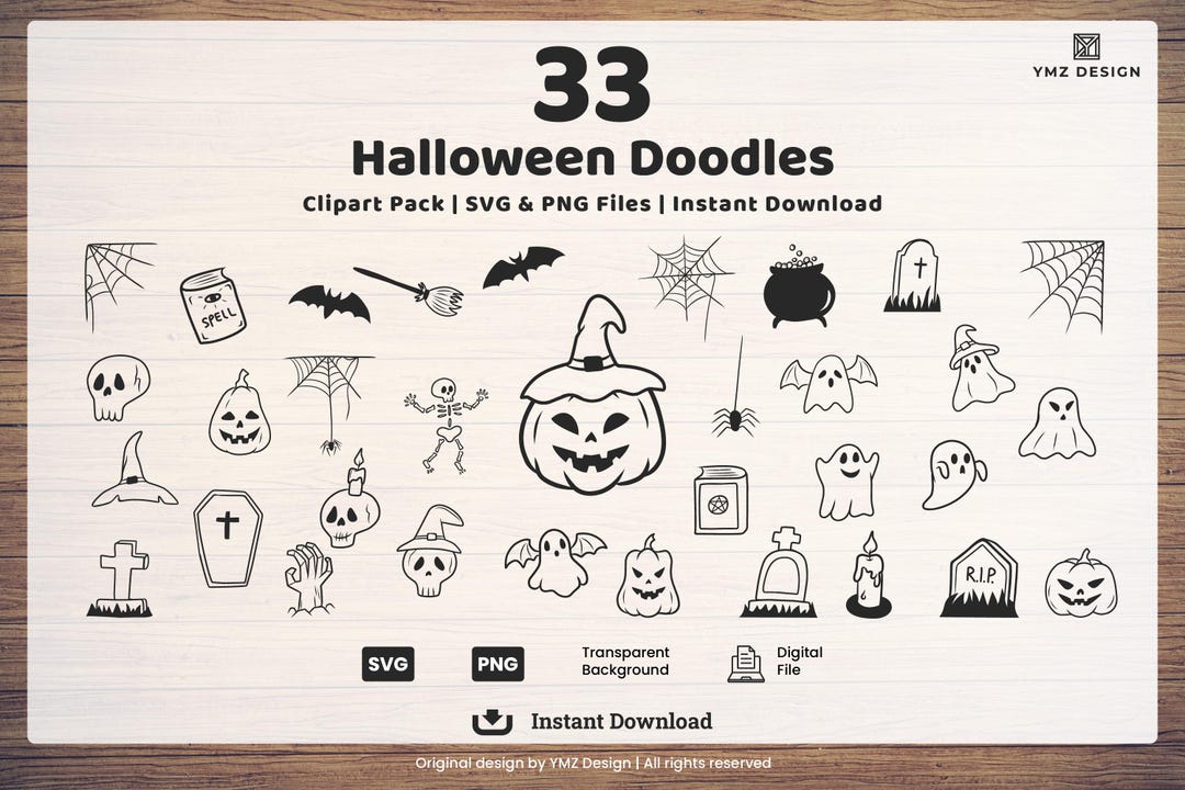 33 Halloween Doodles Clipart Bundle SVG PNG Spooky Hand Drawn Graphics ...