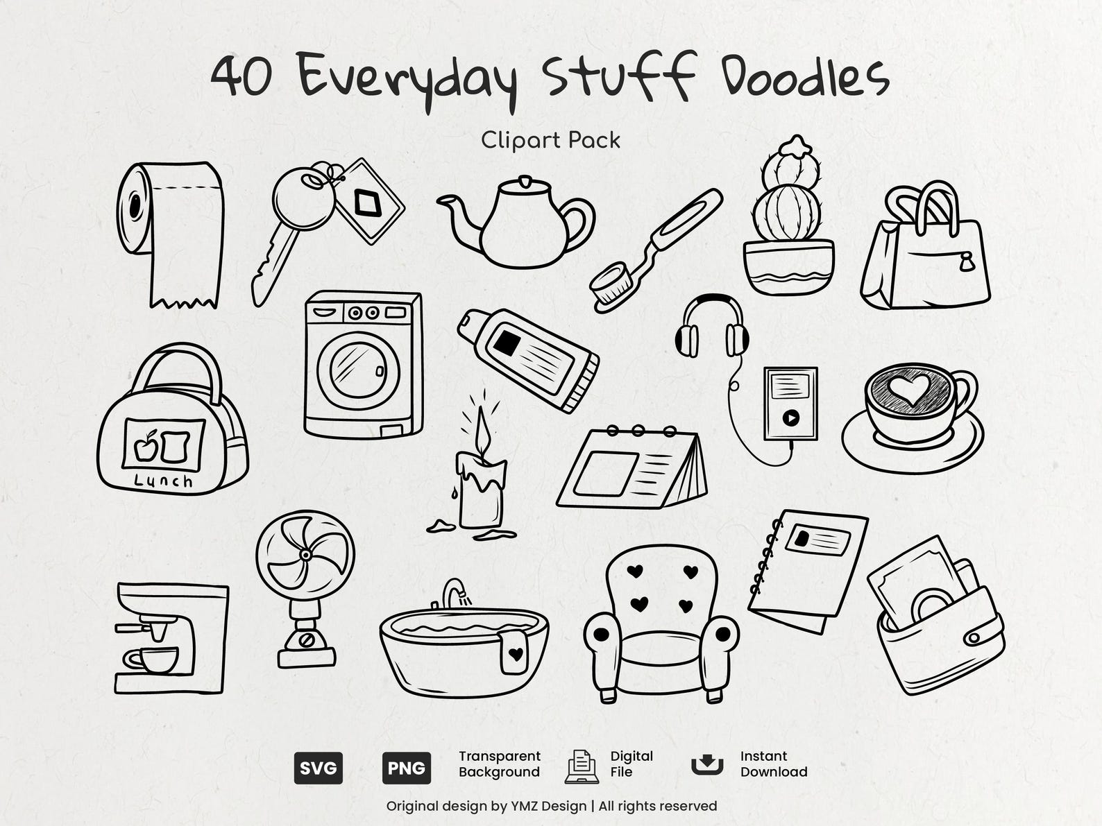 Everyday Stuff Doodle Clipart Bundle | 40 Hand-drawn Items Set SVG PNG ...