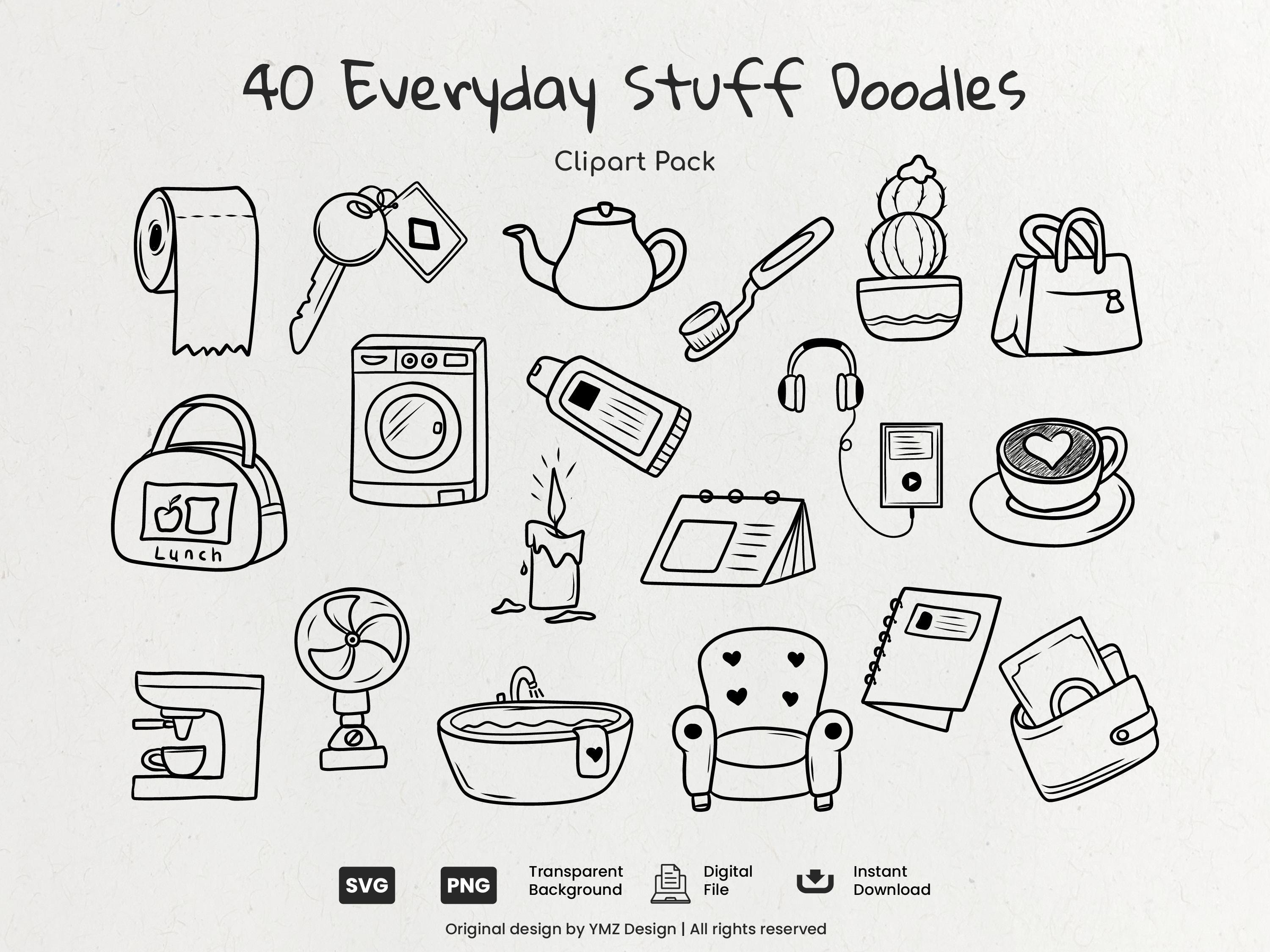 Everyday Stuff Doodle Clipart Bundle | 40 Hand-drawn Items Set SVG PNG ...