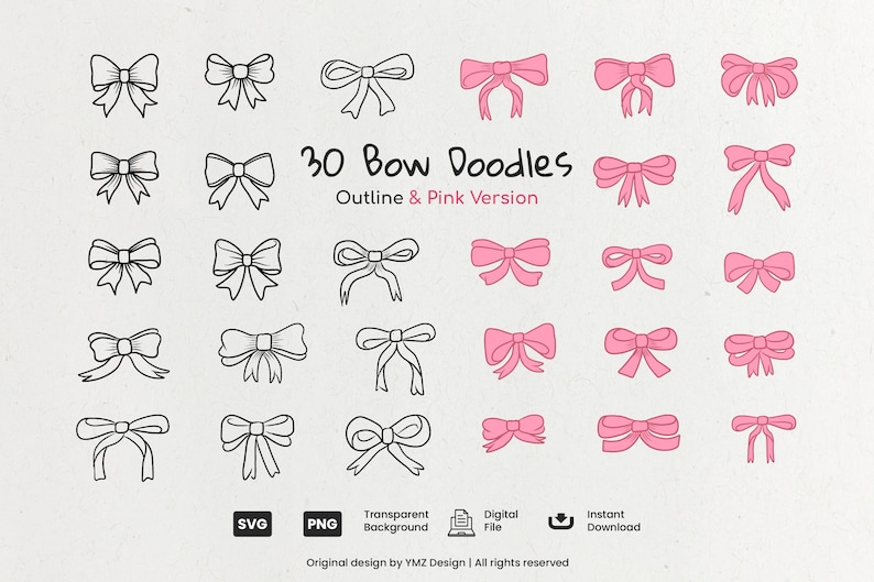 30 Coquette Bow Doodles Clipart Outline & Pink Version | SVG PNG Bundle ...
