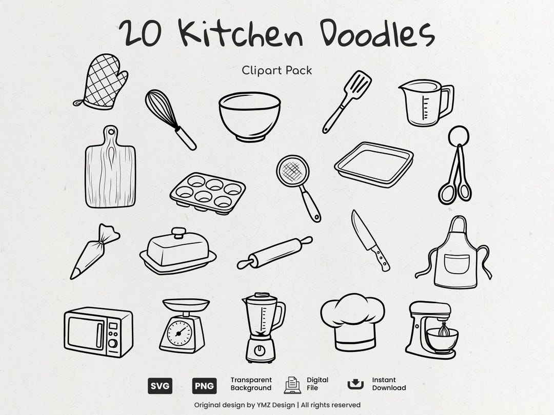 Kitchen Doodles Clipart Bundle: Hand-drawn Cooking and Baking Utensils ...