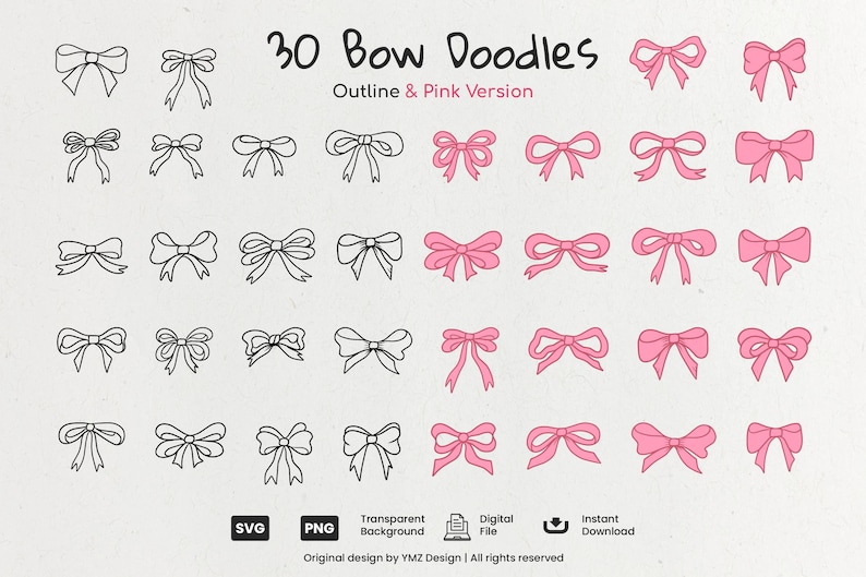 Hand Drawn Bow Doodles Clipart Outline & Pink Version | SVG PNG Bundle ...