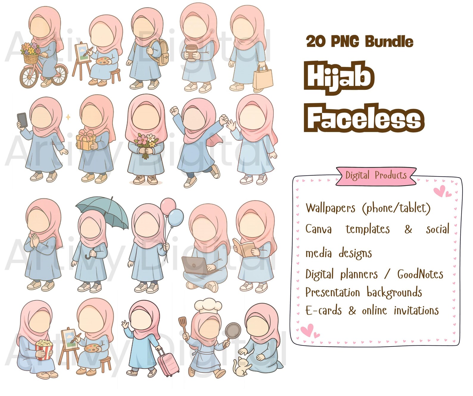 Hijab Clipart Bundle, Faceless Muslimah PNG, Islamic Woman Illustration ...