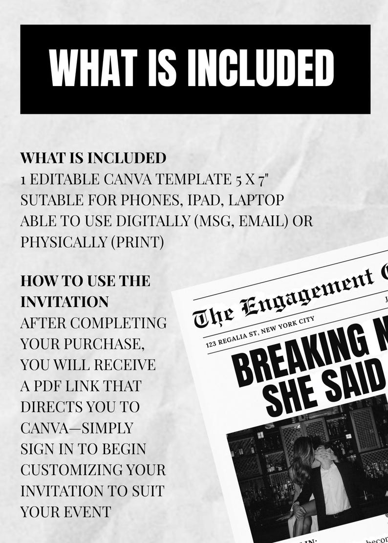 She Said Yes Engagement Invitation – Editable Newspaper Canva Template ...