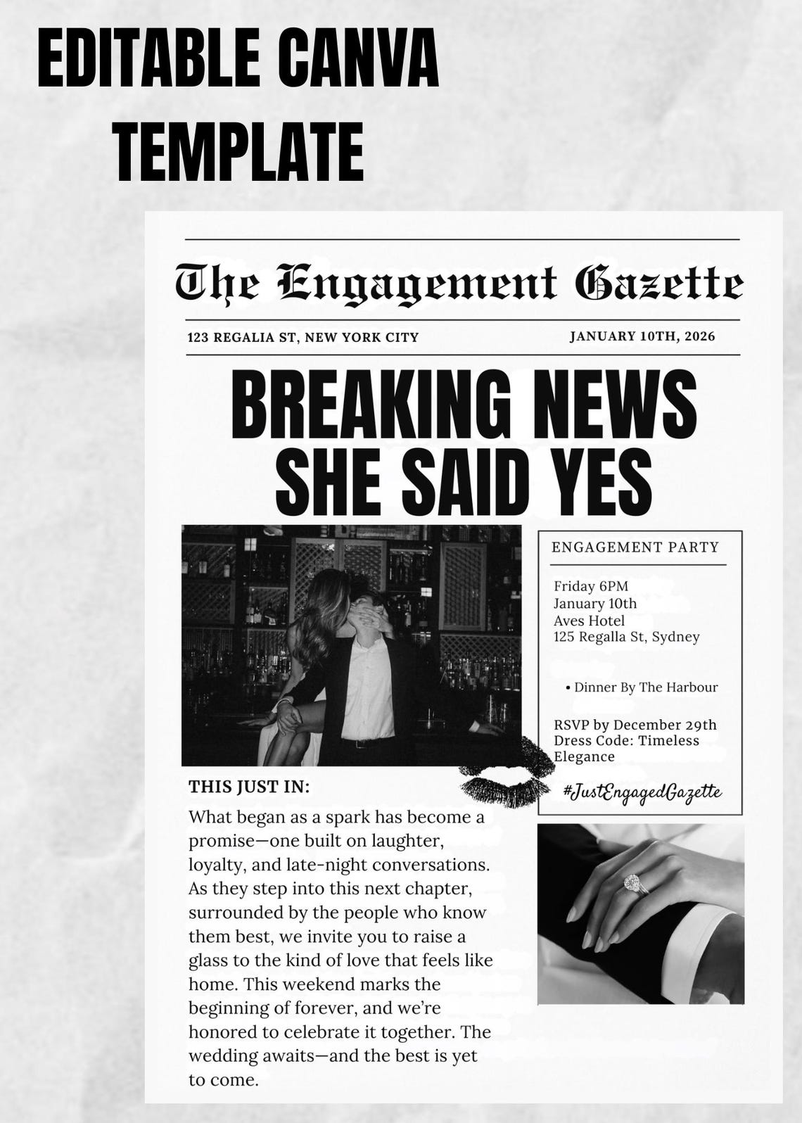 She Said Yes Engagement Invitation – Editable Newspaper Canva Template ...