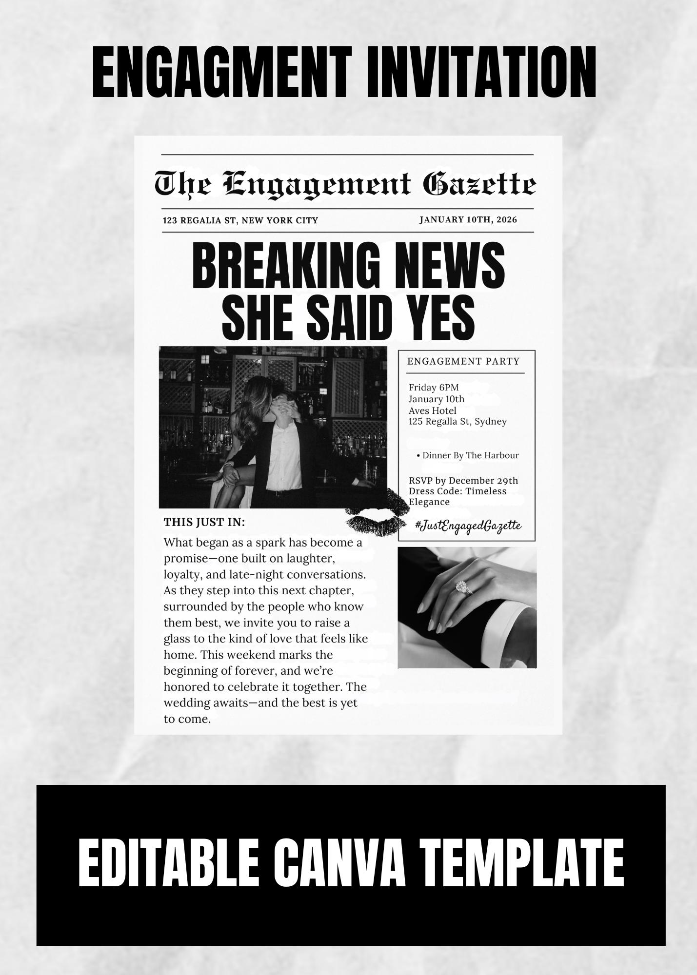 She Said Yes Engagement Invitation – Editable Newspaper Canva Template ...