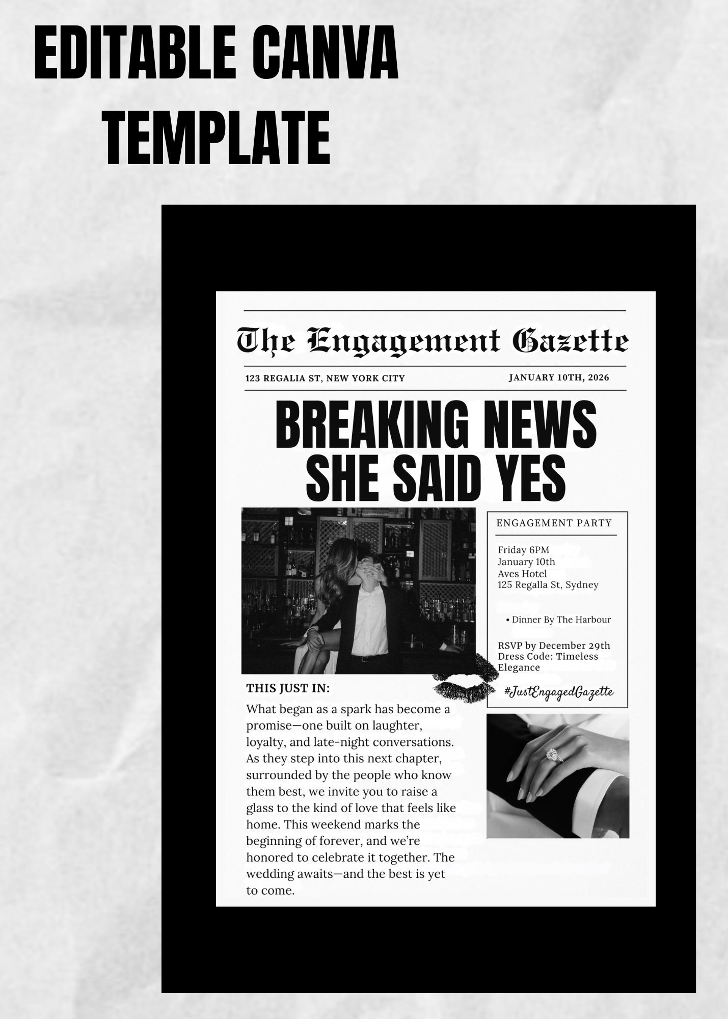 She Said Yes Engagement Invitation – Editable Newspaper Canva Template ...