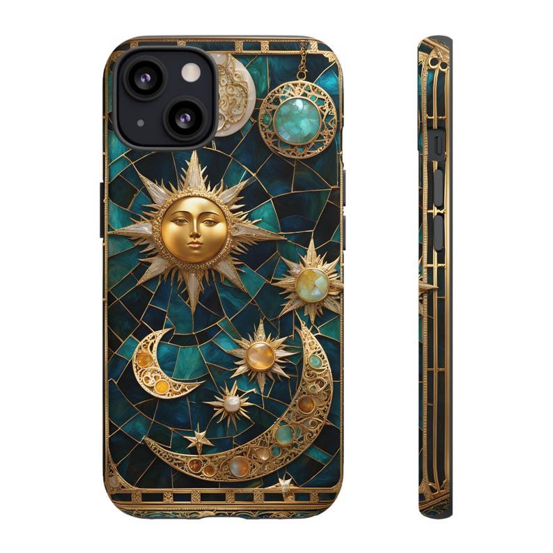 Celestial Stained Glass Moon Stars Sun Phone Case Starry Night Sky Printed Mosaic Stained Glass ...
