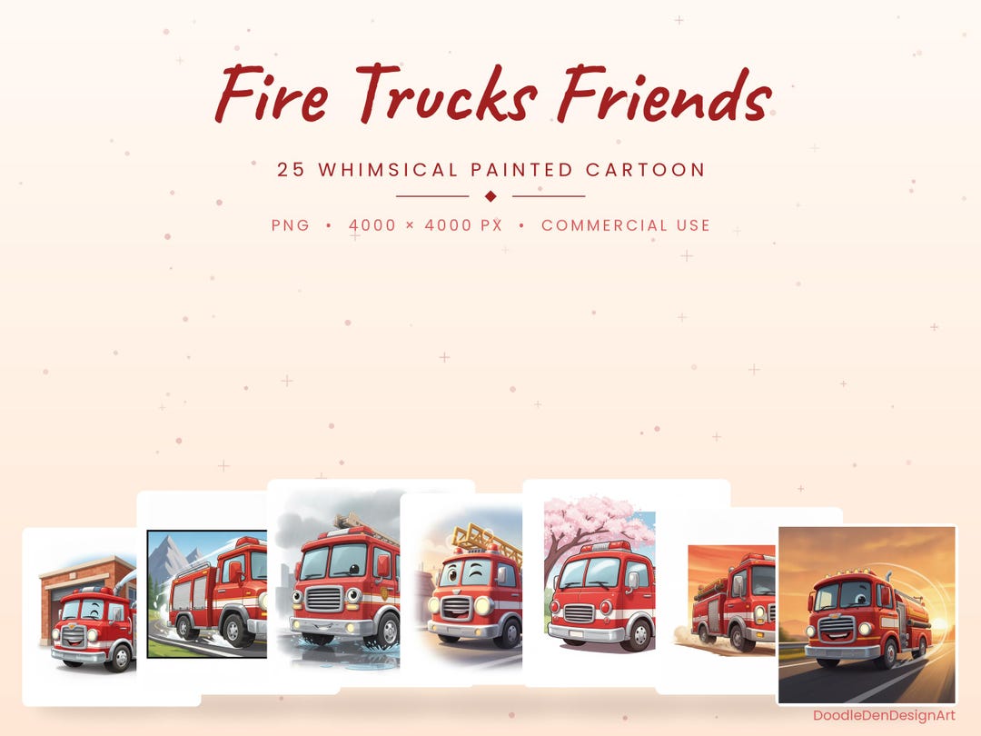 Cartoon Fire Trucks Clip Art | Whimsical PNG Files (digital Download ...