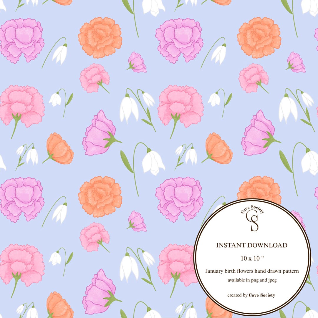 January Birth Flower Seamless Pattern | Carnation Snow Drop Digital ...