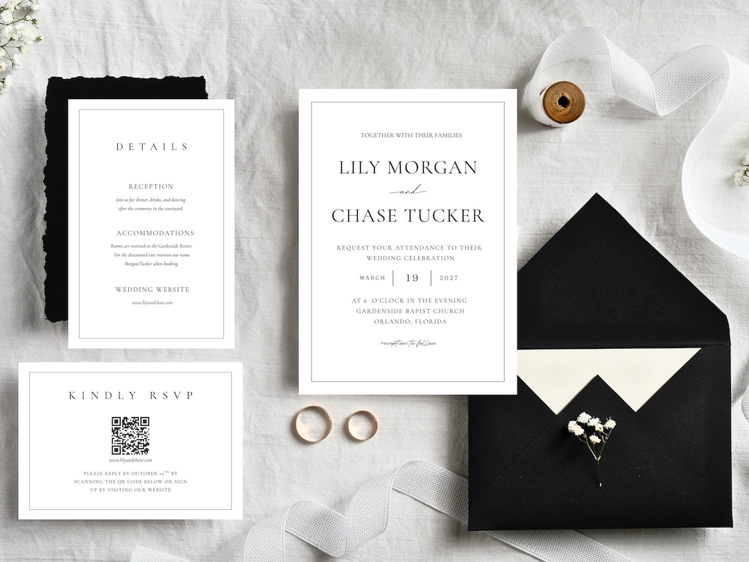Simple Black and White Minimalist Wedding Invitation Suite (instant ...