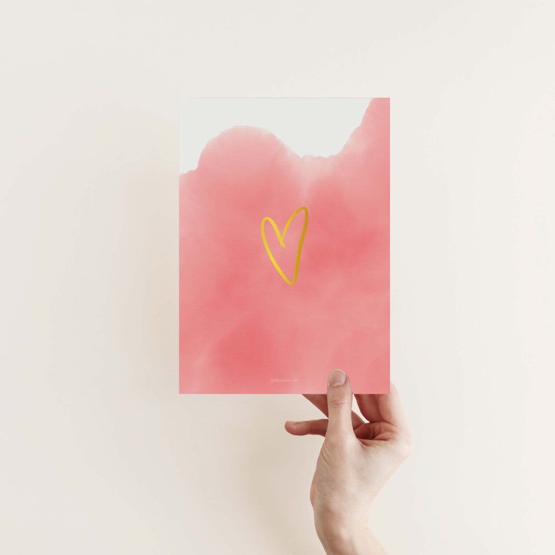 Gold Heart Poster, Pink Watercolor Poster, Eco-friendly Heart Print ...