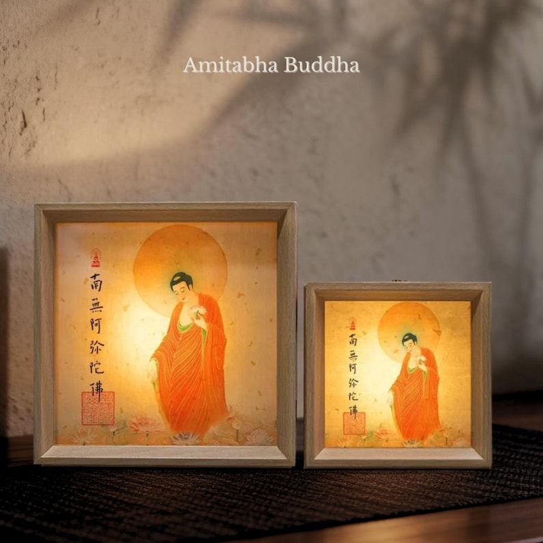 Buddhist Wooden Light Box, Spiritual Art Lamp With Buddha & Bodhisattva ...
