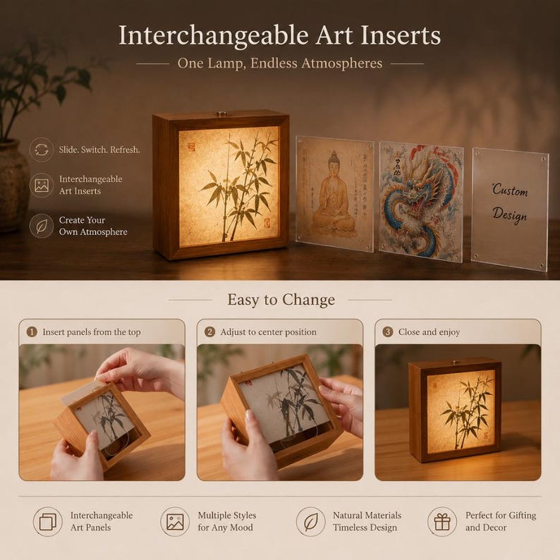 Zen-inspired Bamboo Shadow Lamp, Japandi Shoji Night Light, USB Type C ...