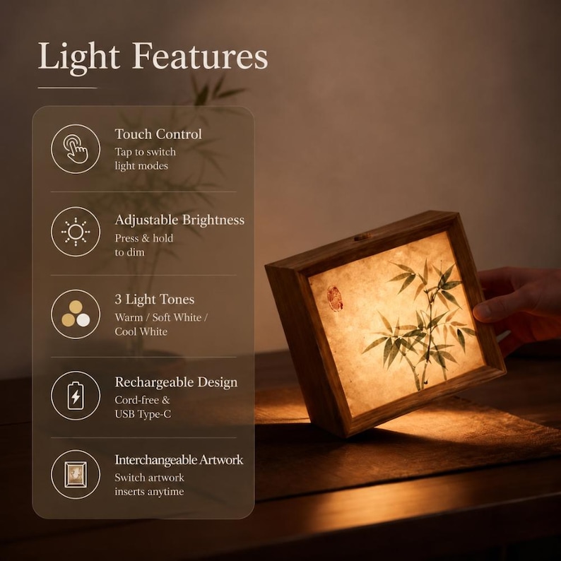 Zen-inspired Bamboo Shadow Lamp, Japandi Shoji Night Light, USB Type C ...