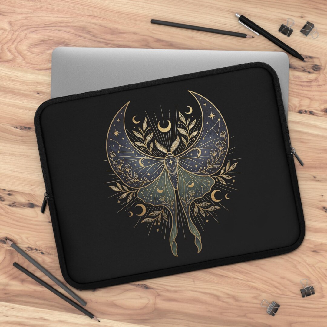 Luna Moth Laptop Sleeve, Witchy Moon Phase Case, Celestial Gold Line ...