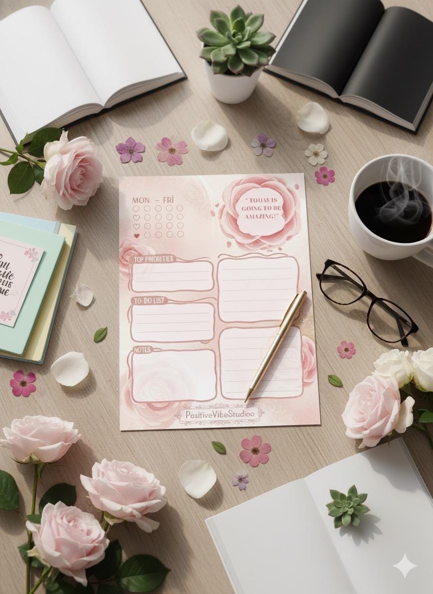 Pink Floral Daily Planner Printable: Minimalist Affirmation Wall Art ...