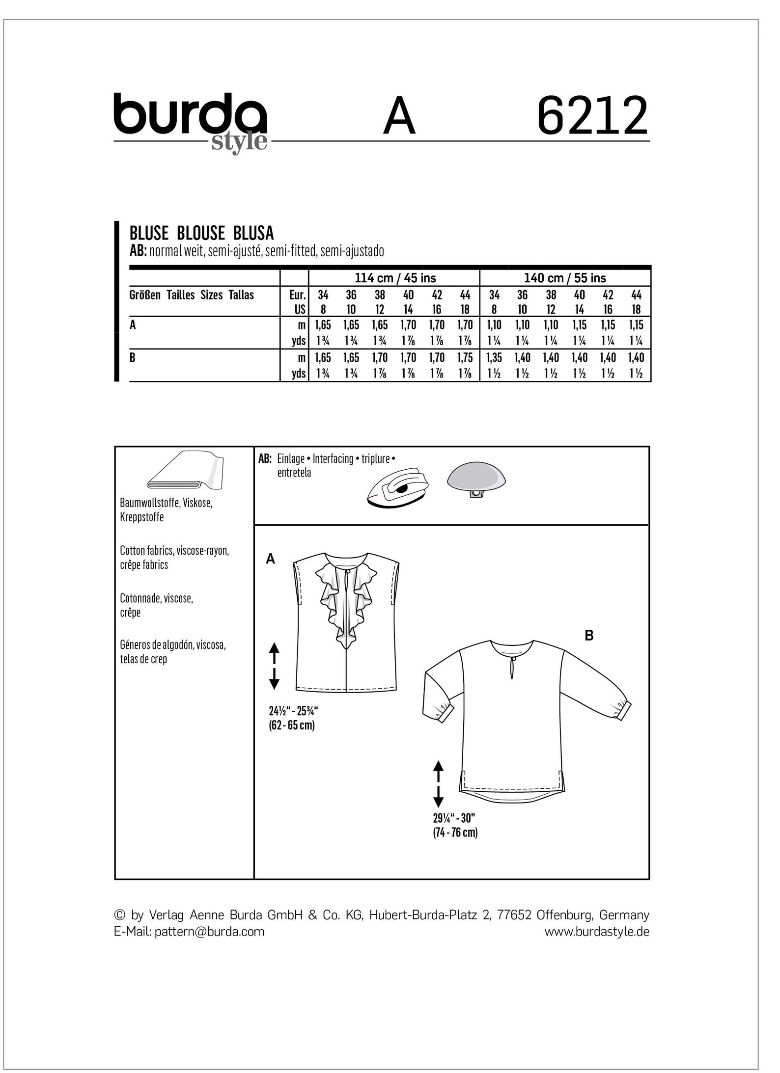 Burda 6212 Womens Top Sewing Pattern Size 8 - 18 UNCUT Factory Folded ...