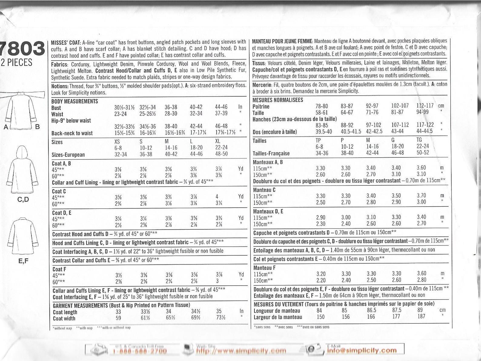 Simplicity 7803 Sewing Pattern Women's Coat Pattern UNCUT Size 18 - 24 ...