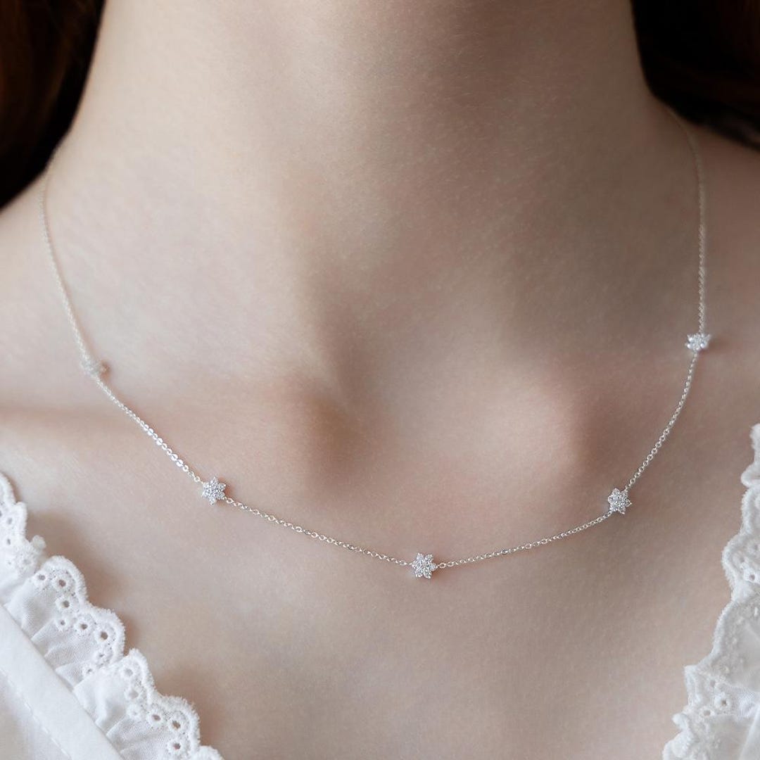 Diamond Daisy Flower CZ Station Necklace,dainty Floral Necklace,forget ...