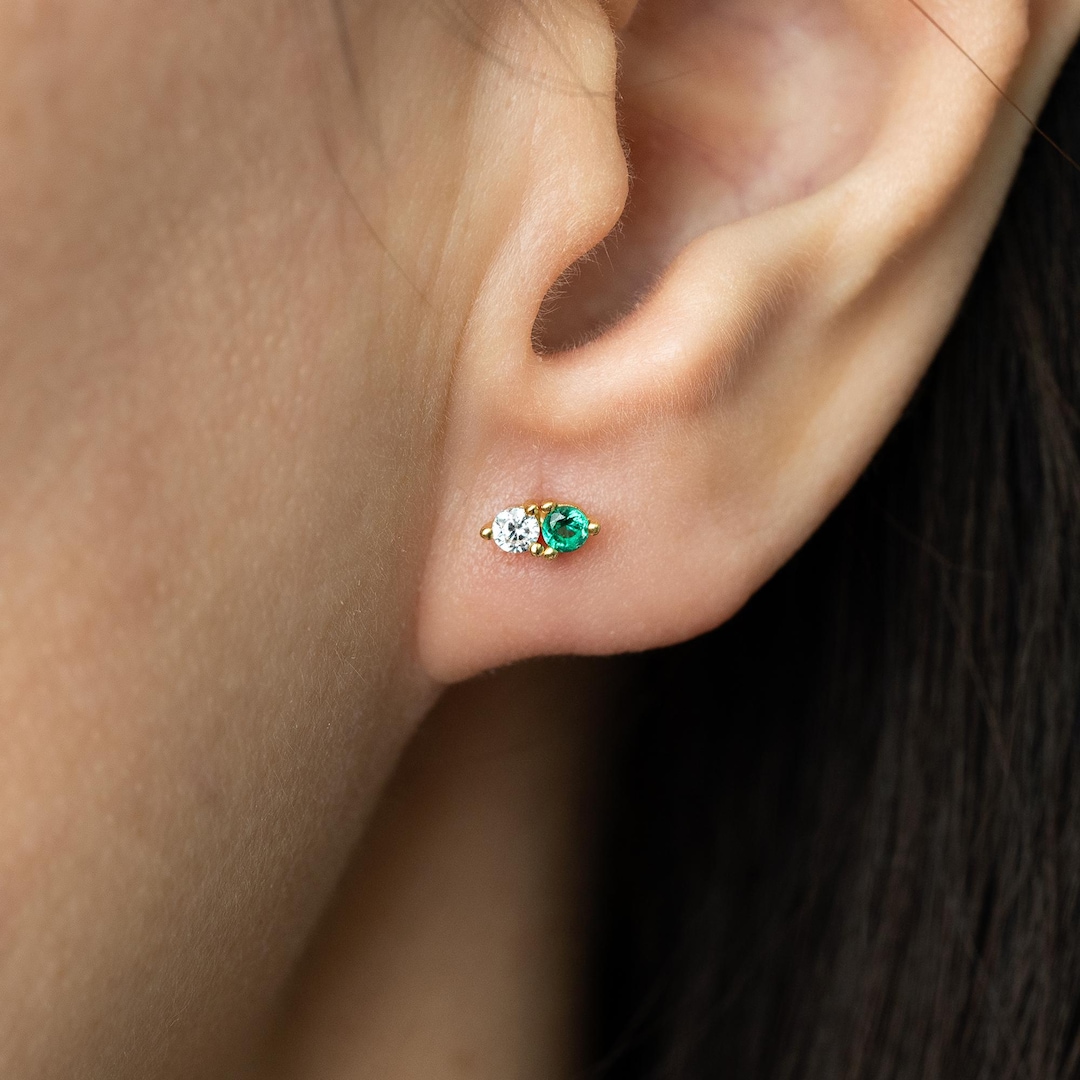 Duo Birthstone Studs | Two Stone Earrings | Personalized Couple Gift ...