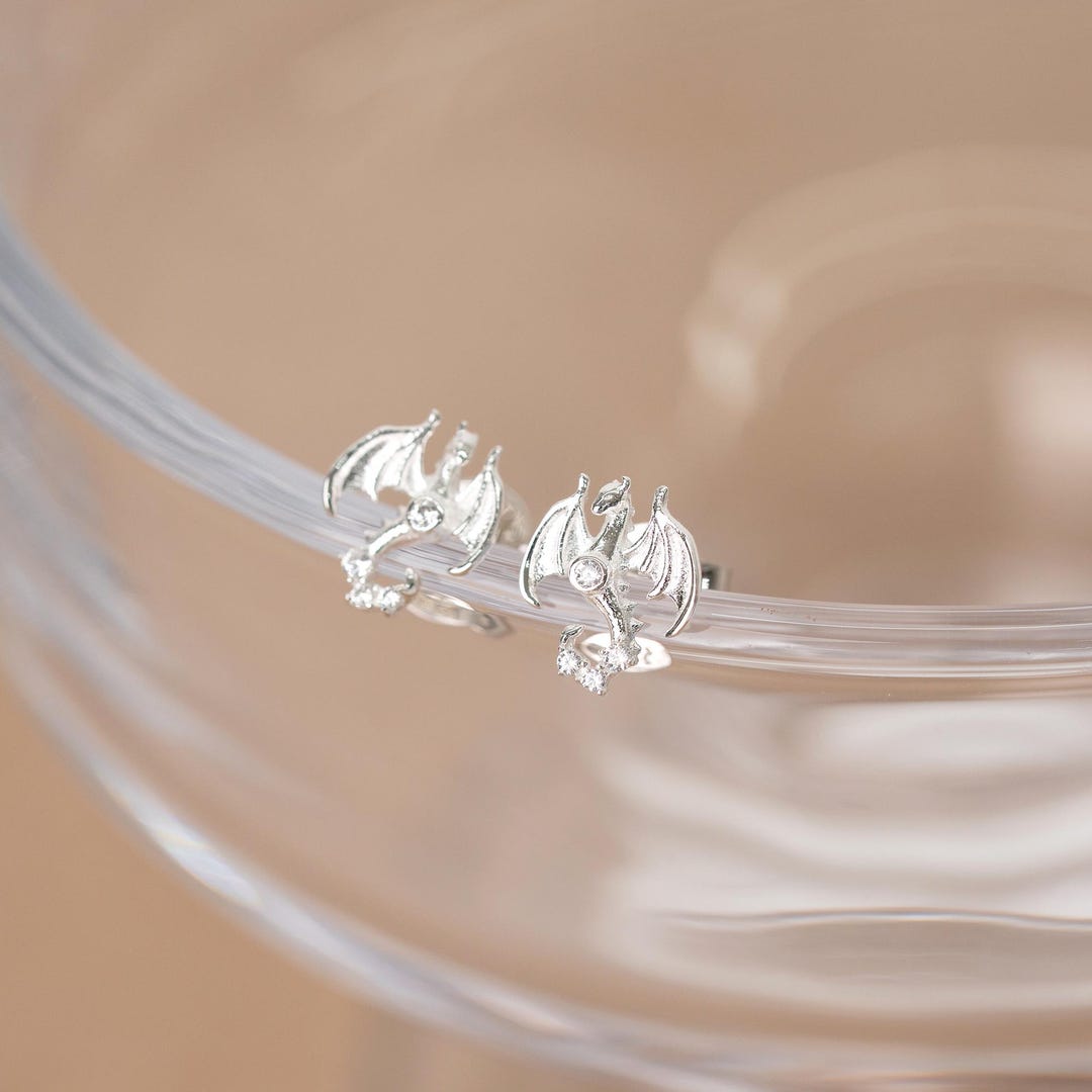 Silver Tiny Dragon CZ Stud Earrings, Diamond Dragon Wings Earrings ...