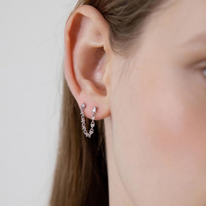 CZ Double Piercing Chain | Two Hole Earrings | Connected Studs ...