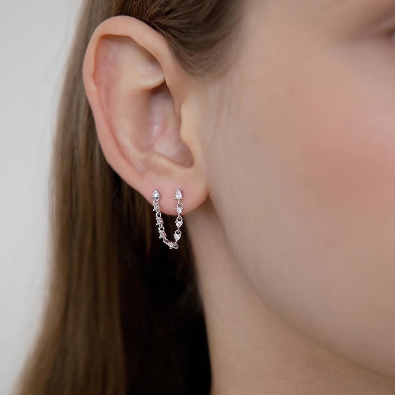 CZ Double Piercing Chain | Two Hole Earrings | Connected Studs ...