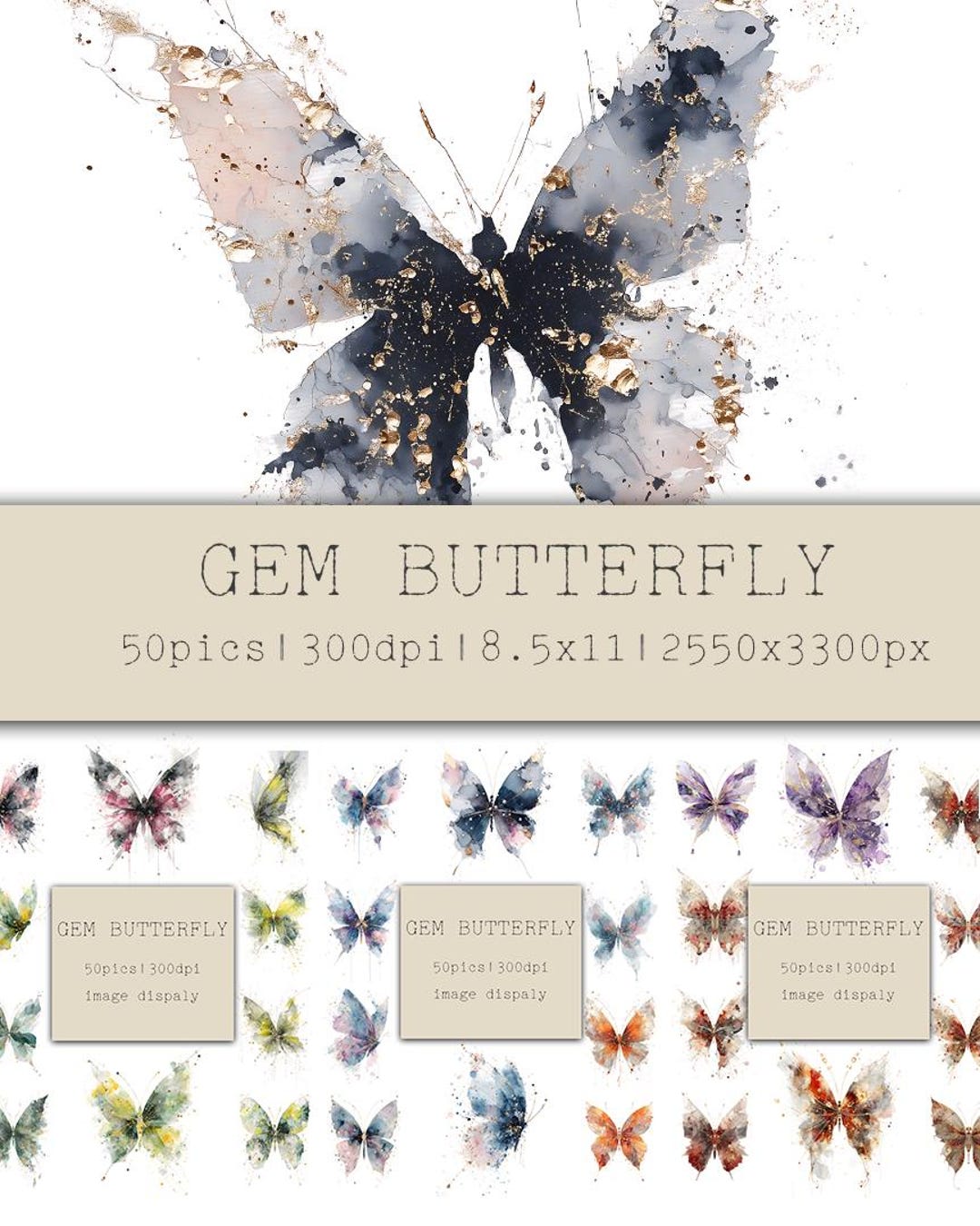 Gem Butterfly Ephemera, Watercolor With Gold Foil, Scrapbooking ...