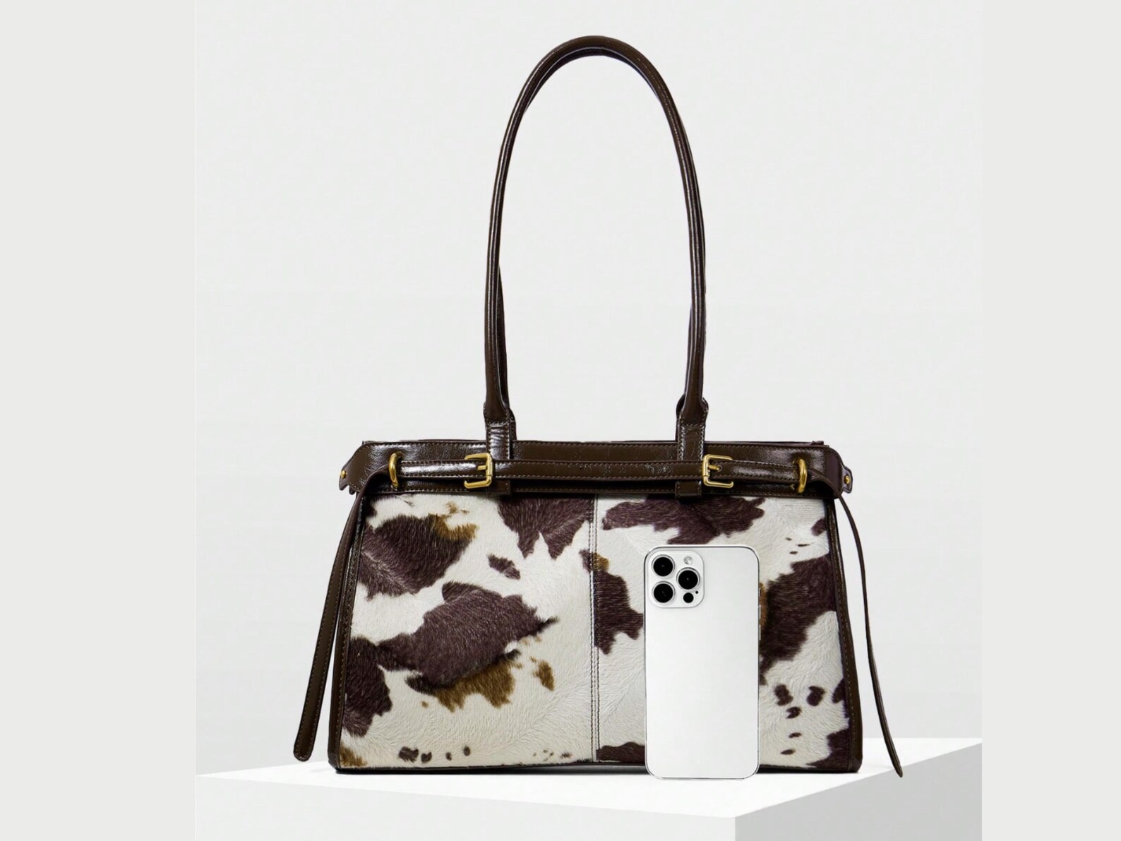 Cow Print Shoulder Bag – PU Leather Tote With Contrast Binding and Long ...