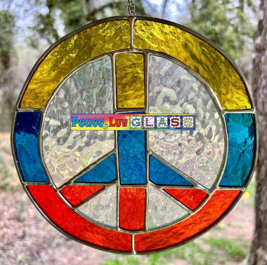 Contemporary Stained Glass Peace Sign Colorful Panel Suncatcher (PLG339 ...