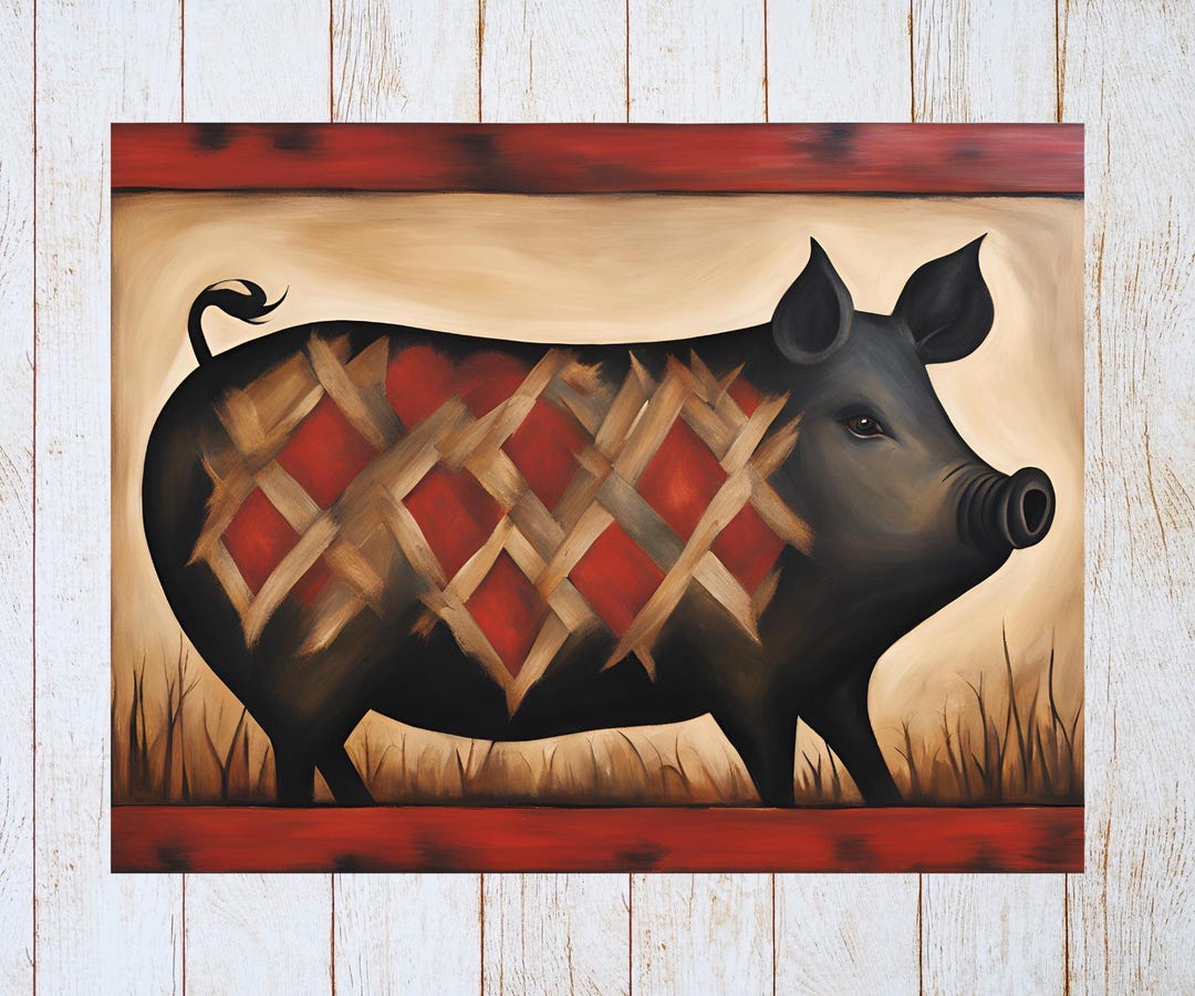 Primitive Folk Art Pig Card – Rustic Country Greeting Note Card – Hog ...