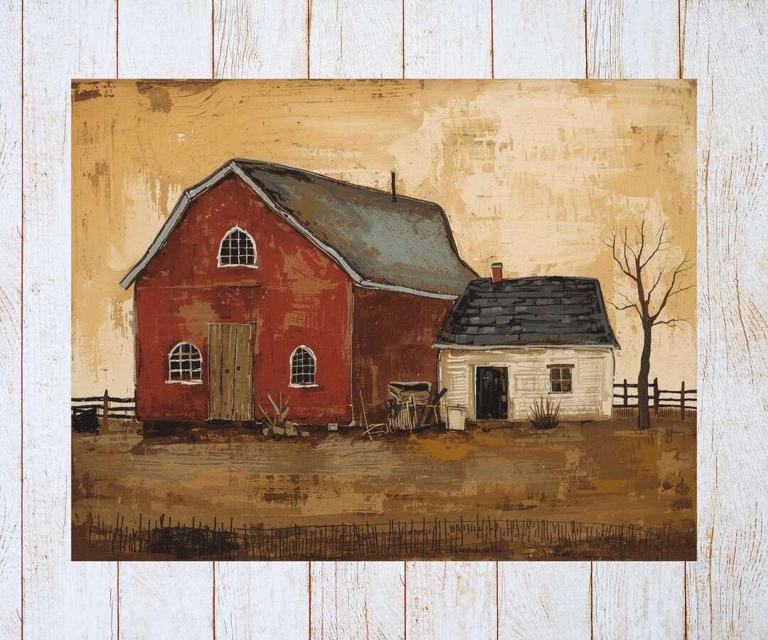 Primitive Folk Art Barn Card – Rustic Country Greeting Note Card – Farm ...