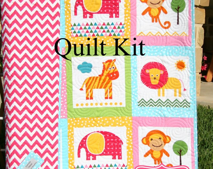 LAST ONE Quilt Kit Remix Zoologie Pink Girl Monkey Lion Zebra Elephant ...