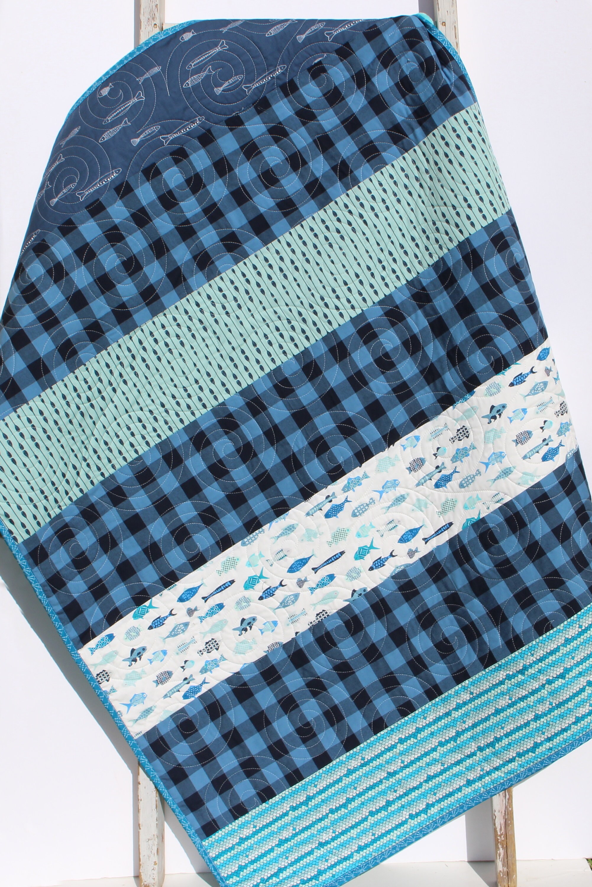 Fish Stripe Quilt Kit – Boy Strip Quilt Pattern Kit – Blue Plaid ...
