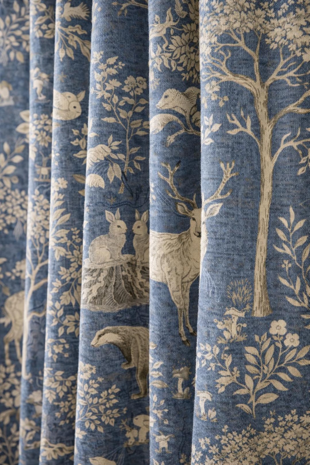 English Woodland Washed Linen Curtains Blue Toile Forest Animals ...