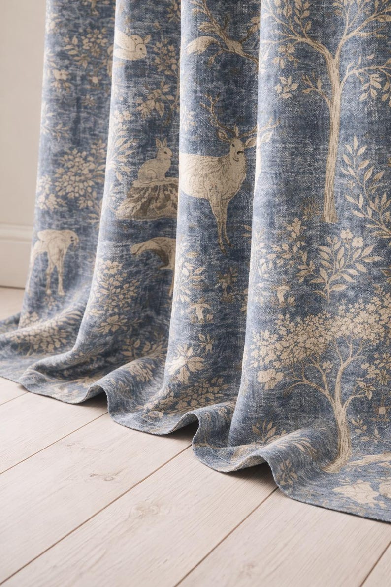 English Woodland Washed Linen Curtains Blue Toile Forest Animals ...