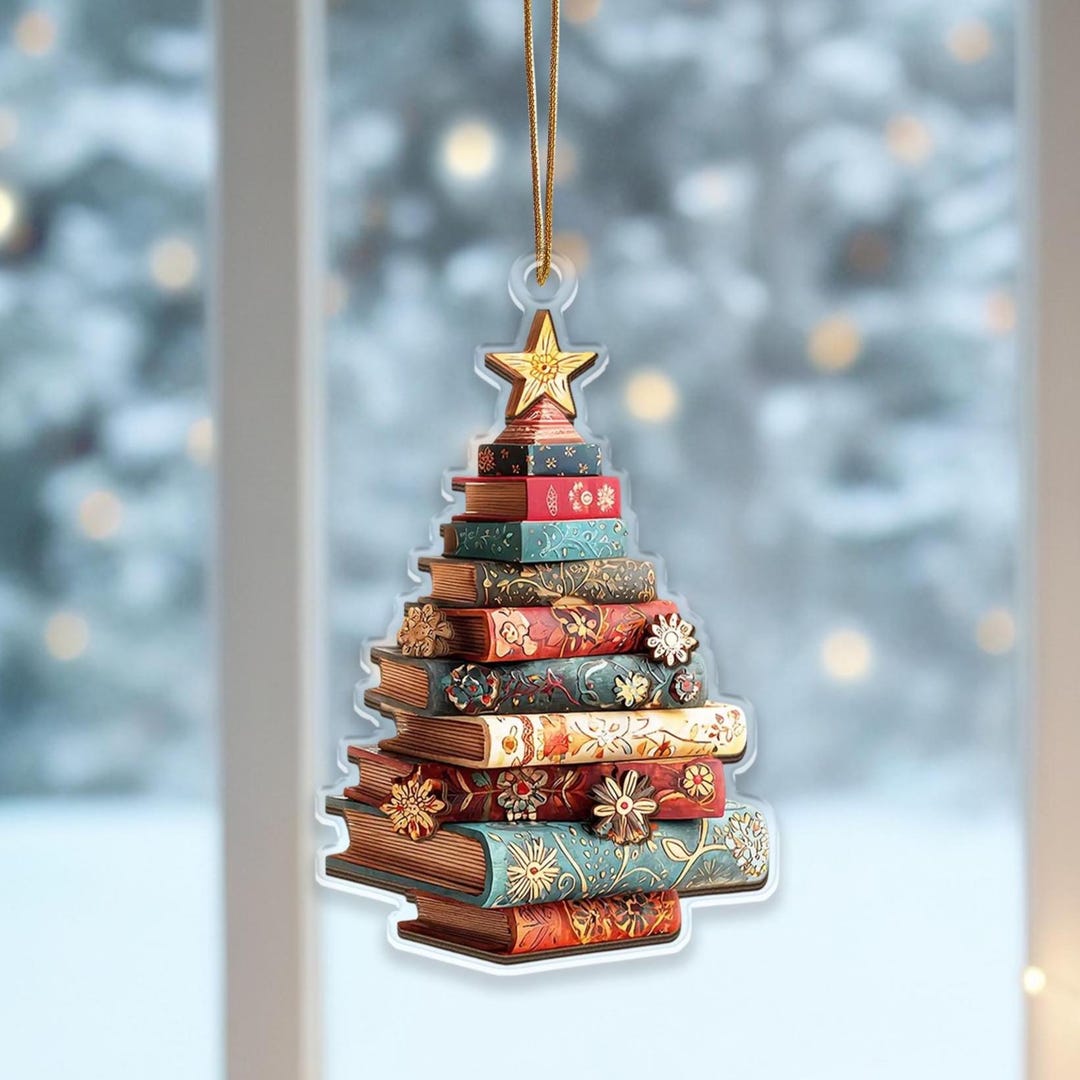 Vintage Book Stack Christmas Tree Acrylic Ornament With Star Topper ...