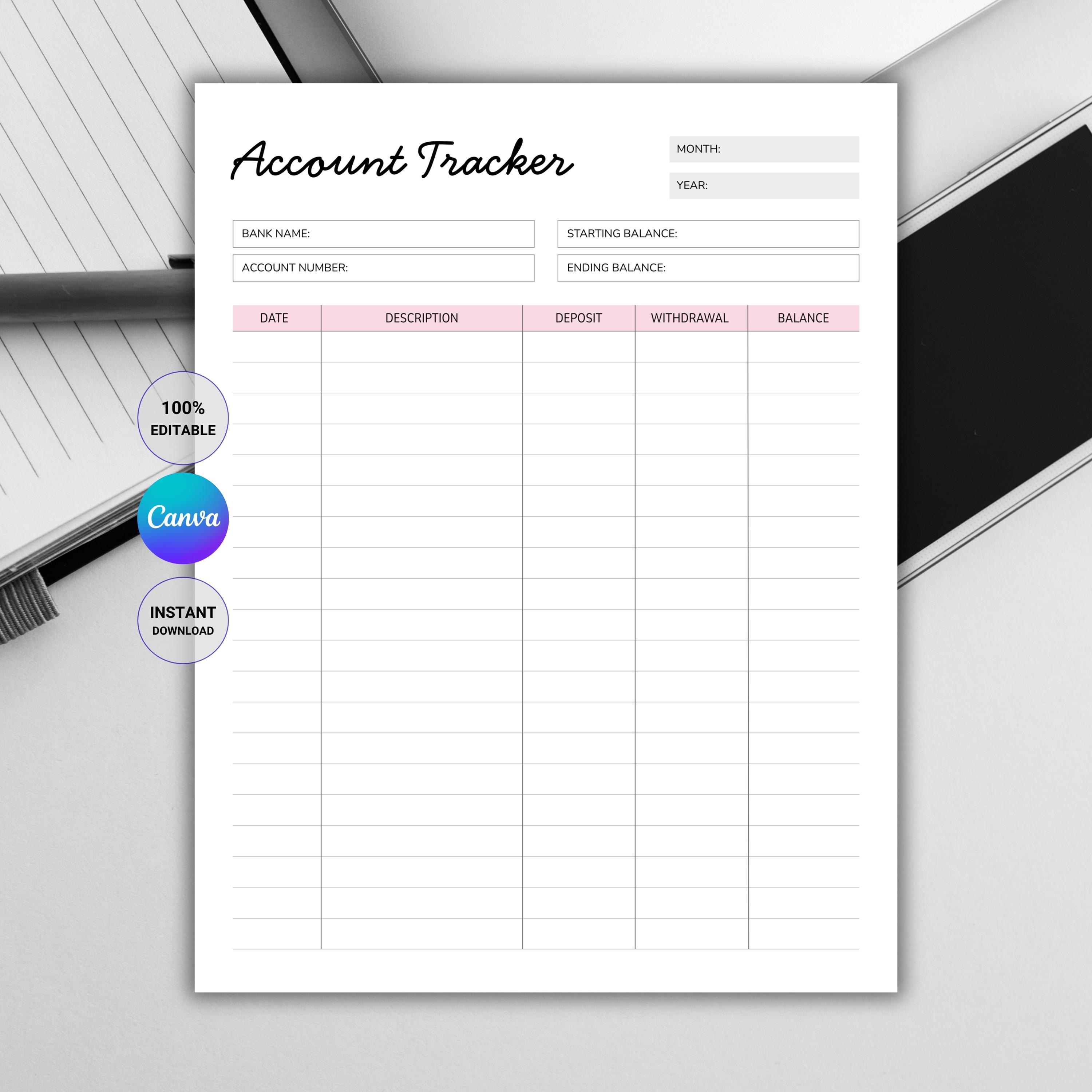 Account Tracker Printable | Bank Account Ledger | Monthly Finance ...