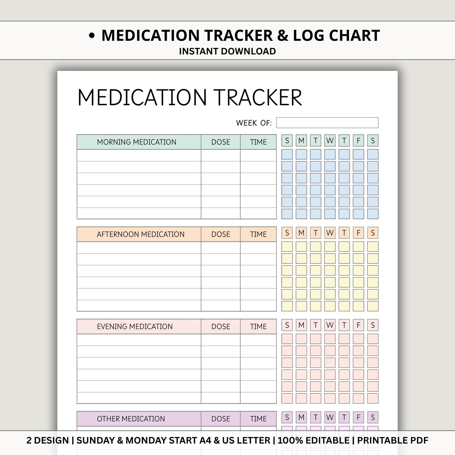 Medication Tracker and Medication Log Printable, Daily Weekly Pill ...