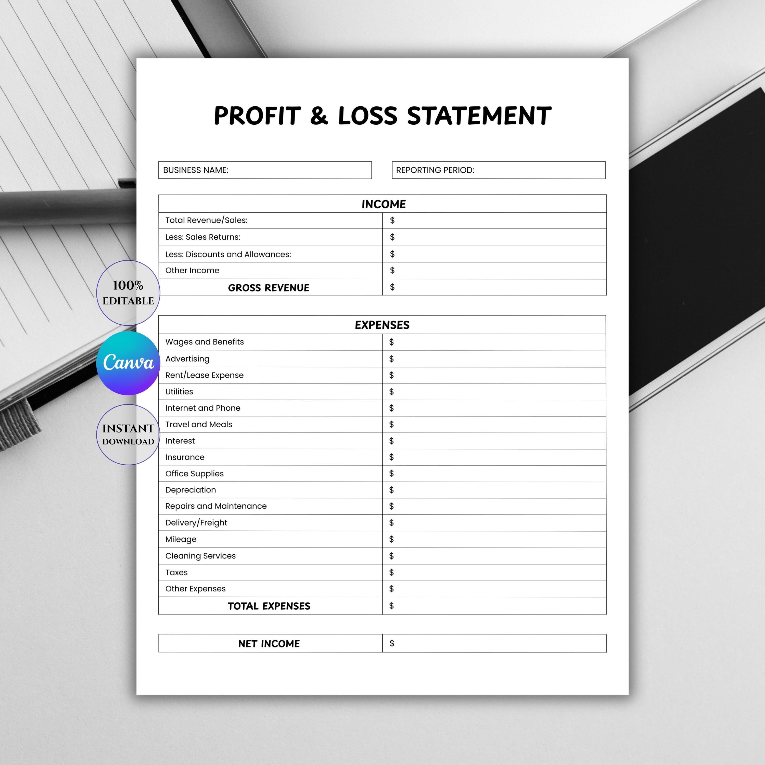 Profit and Loss Statement Template, P&L Spreadsheet, Small Business ...