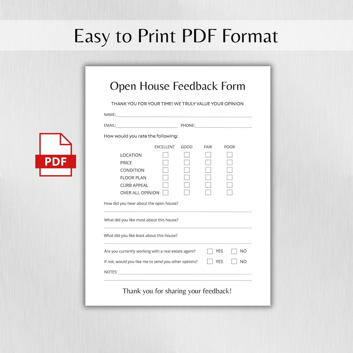 Open House Feedback Form Printable | Real Estate Feedback Sheet ...