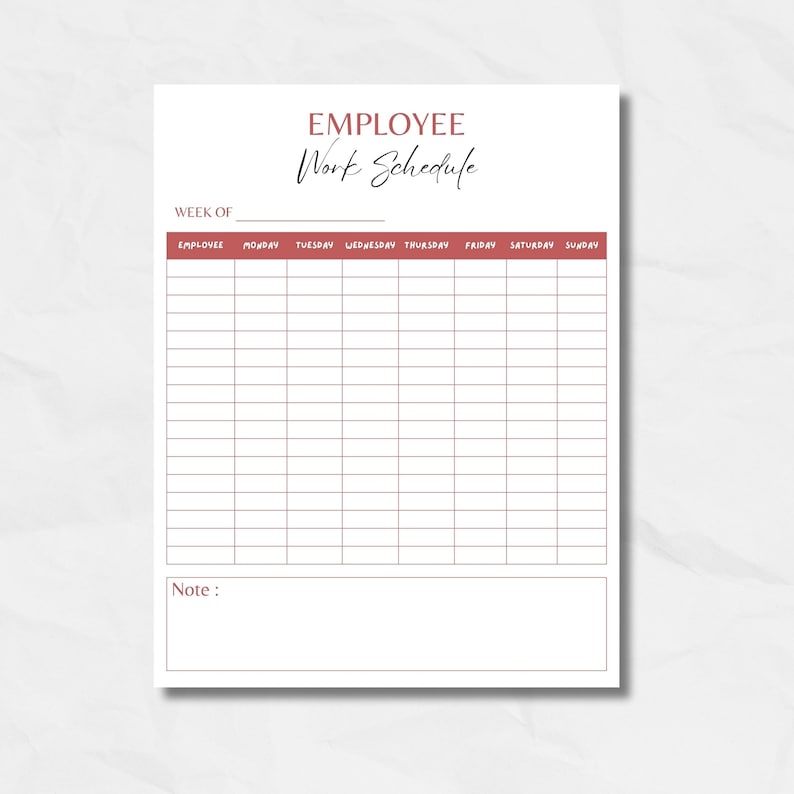 Employee Work Schedule Printable, Employee Weekly Time Sheet, Employee Weekly Schedule, Employee ...