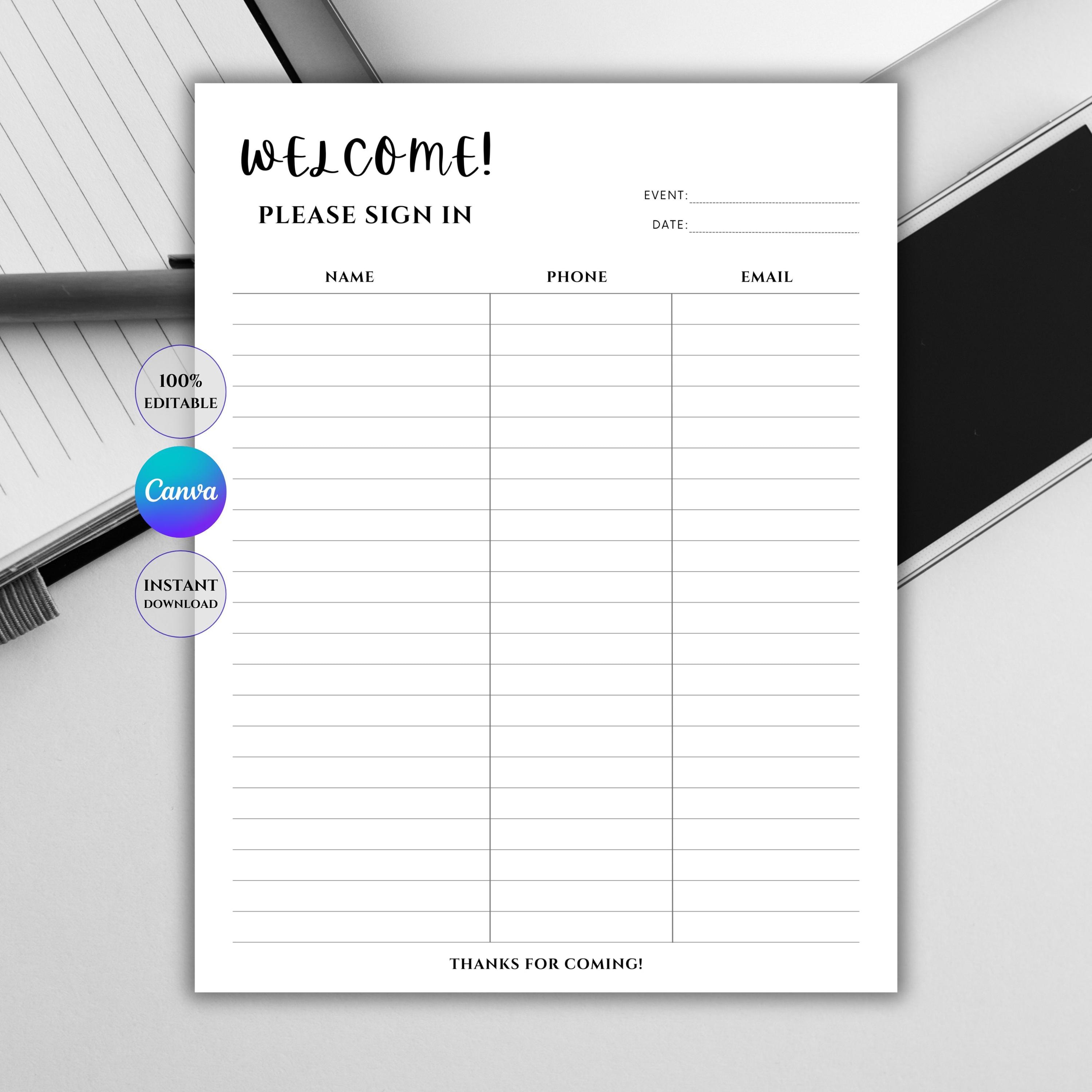Printable Event Sign in Sheet | Welcome Please Sign in Template ...
