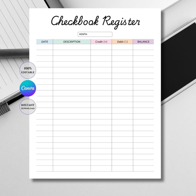 Editable Checkbook Register Printable | Check Register PDF | Expense ...