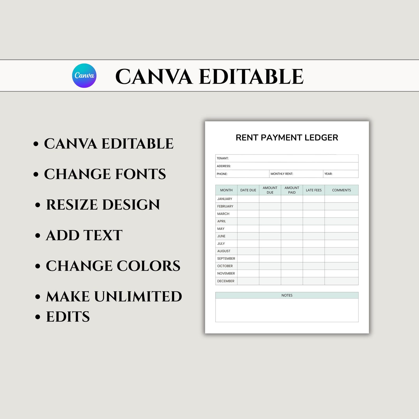 Rent Payment Ledger Printable, Monthly Rent Tracker for Landlords ...