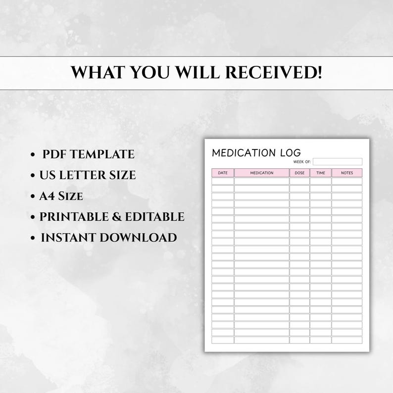 Medication Log Tracker Editable Template | Daily Medication Log Sheet ...